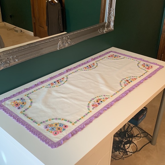 Dining | Vintage Hand Embroidered Linen Table Runner Purple Crochet ...